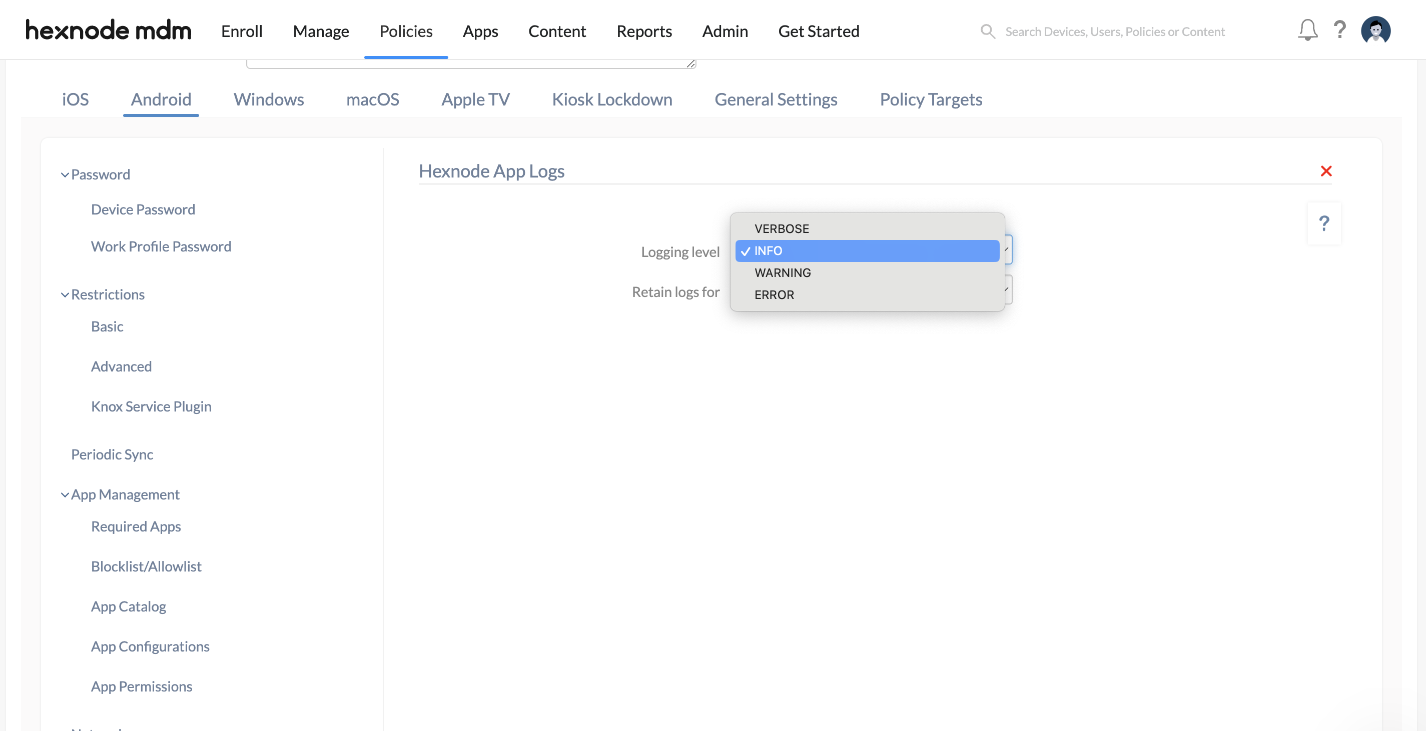 Revising the default logging level of Hexnode UEM app for Android ... Revising the default logging level of Hexnode UEM app for Android ...